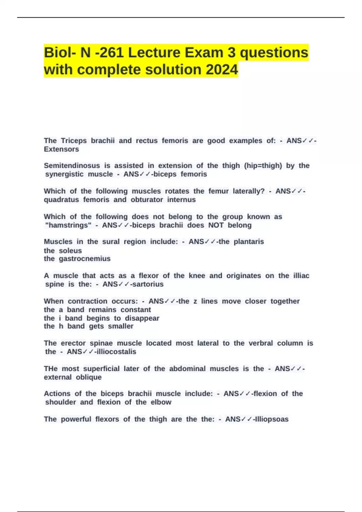 Biol- N -261 Lecture Exam 3 questions with complete solution 2024 - Biol-N 261 - Stuvia US