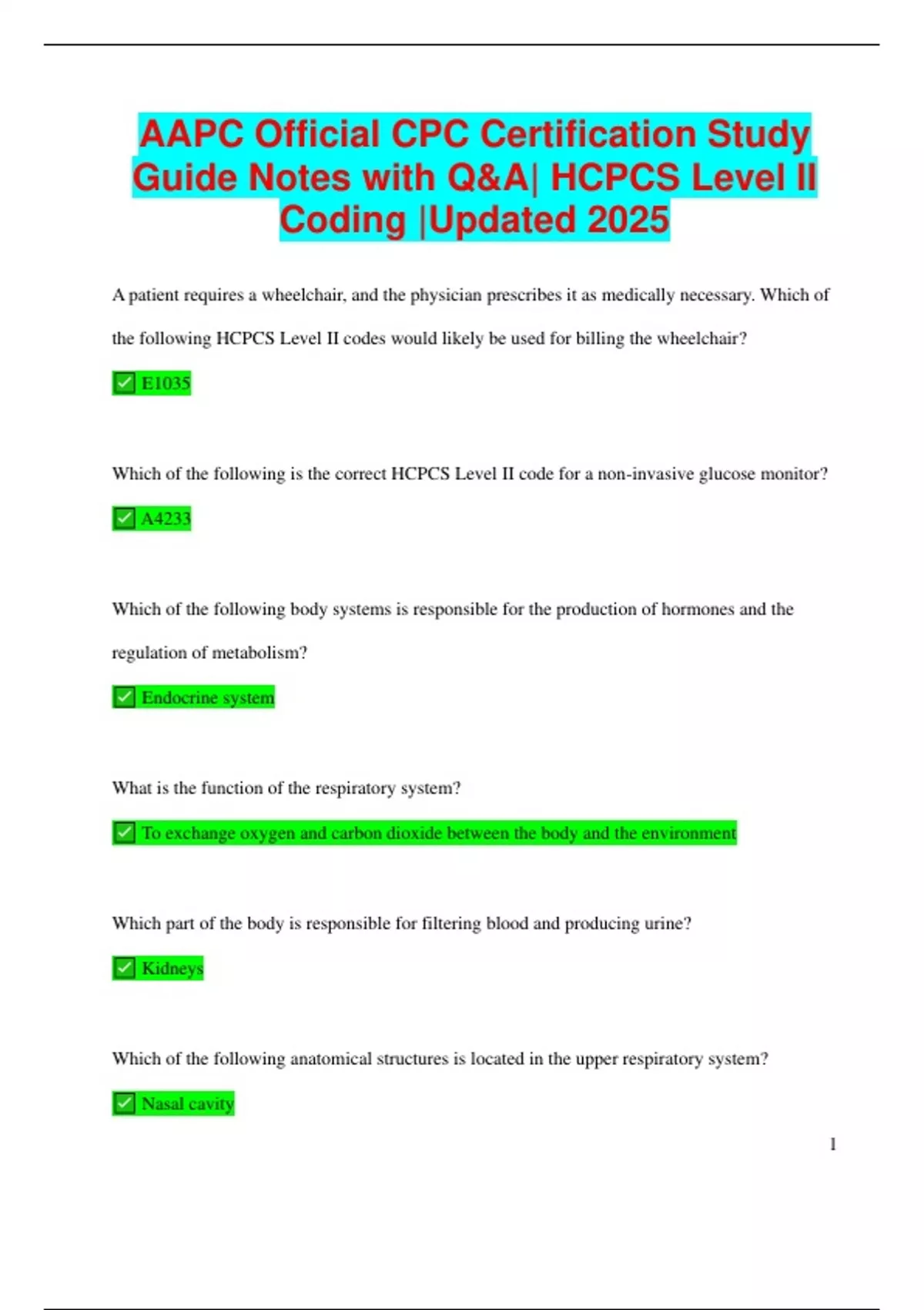 AAPC Official CPC Certification Study Guide Notes with Q&A| HCPCS Level ...
