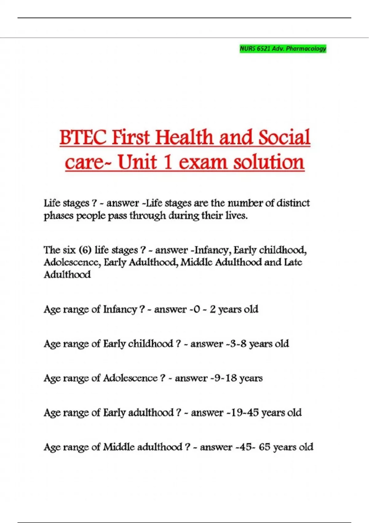 BTEC First Health and Social care- Unit 1 exam solution - BTEC - Stuvia US