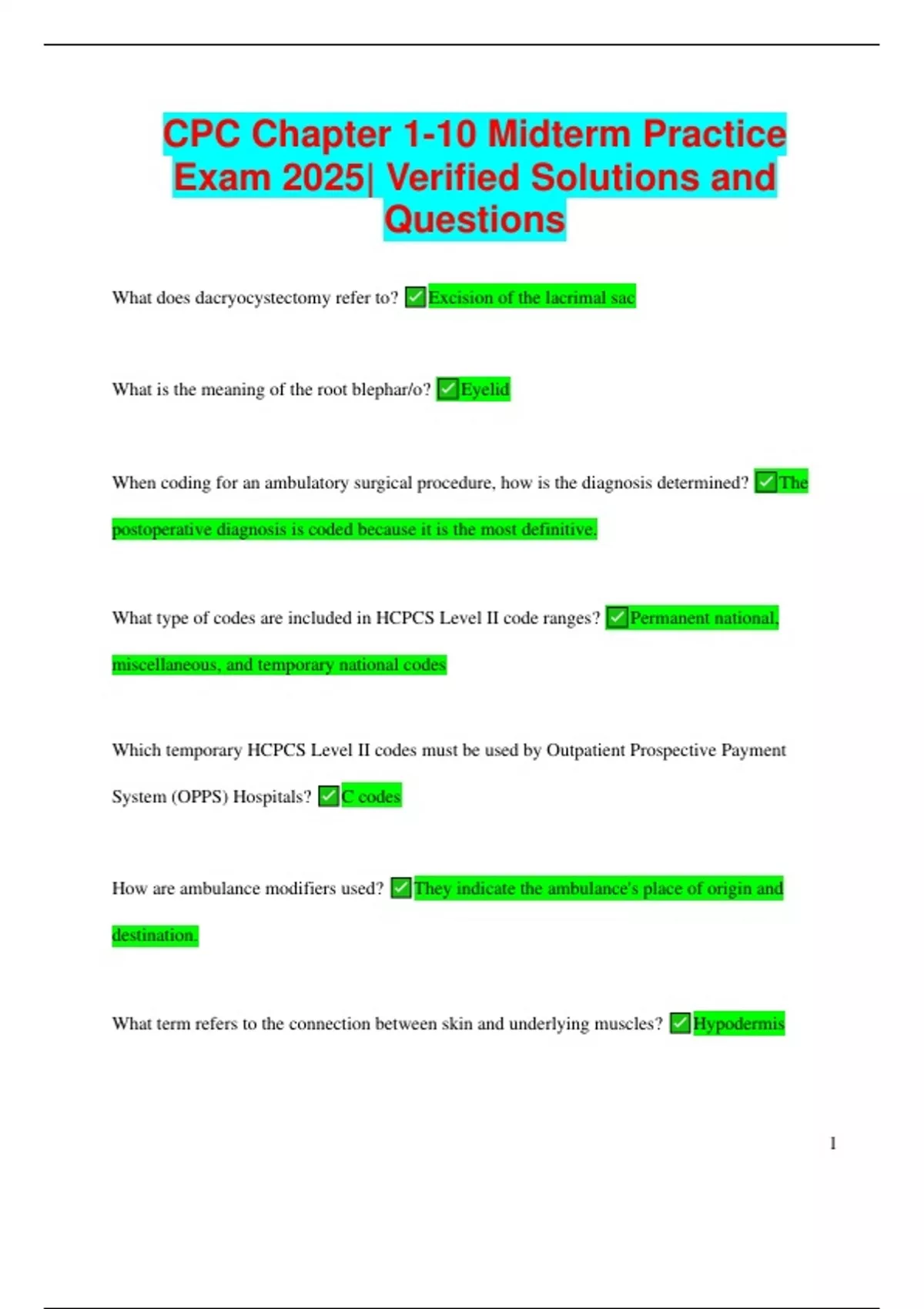 CPC Chapter 1-10 Midterm Practice Exam 2025| Verified Solutions and Questions - AAPC CPC - Stuvia US