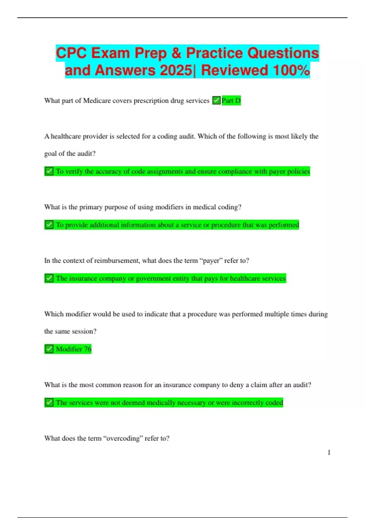 CPC Exam Prep & Practice Questions and Answers 2025| Reviewed 100% ...