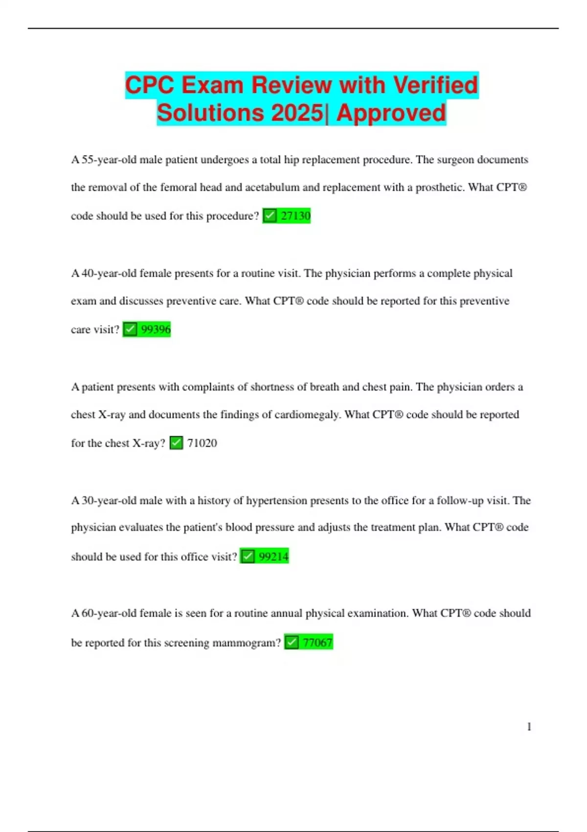 CPC Exam Review with Verified Solutions 2025| Approved - AAPC CPC ...