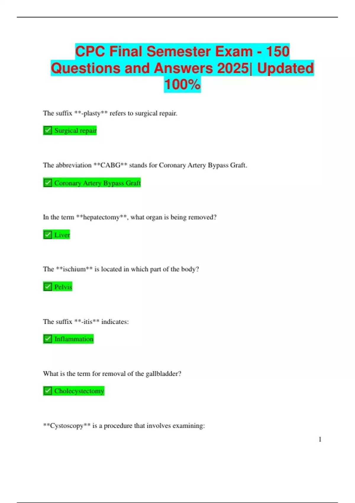 CPC Final Semester Exam - 150 Questions and Answers 2025| Updated 100% - AAPC CPC - Stuvia US