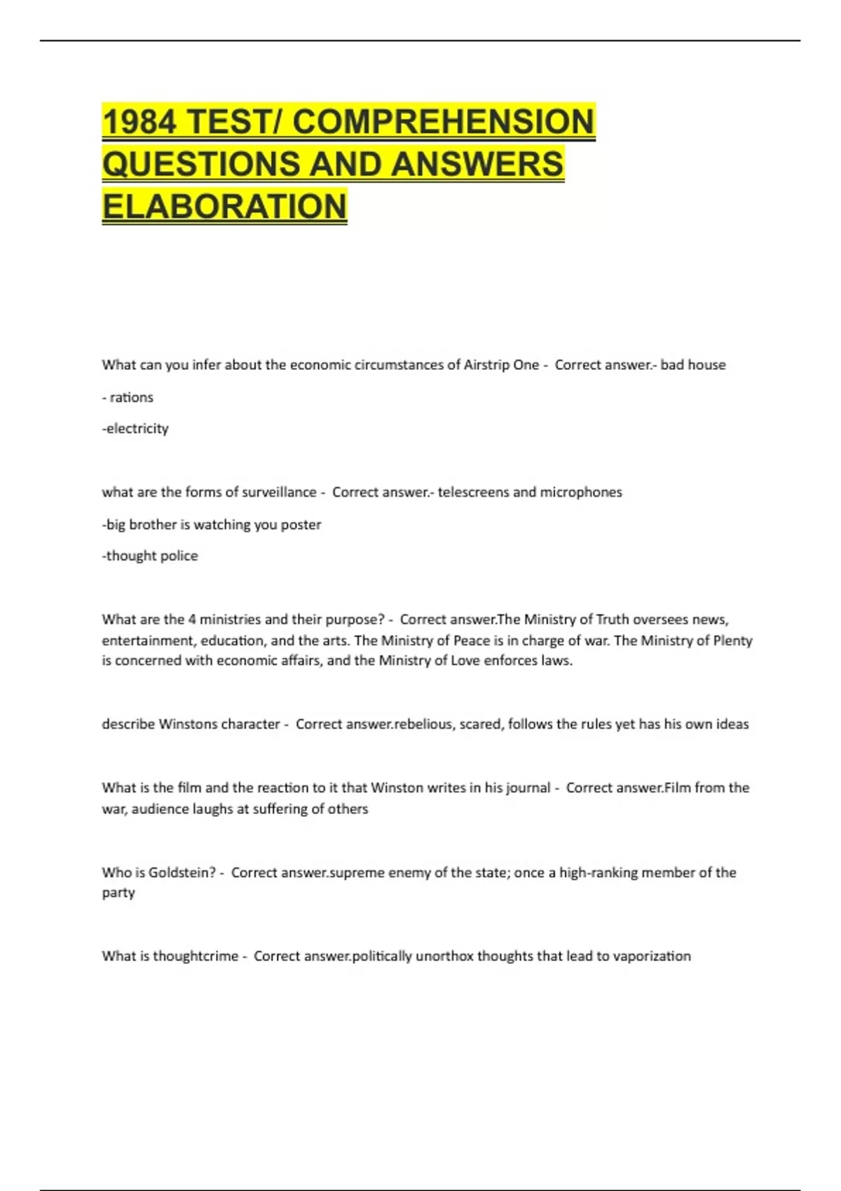 COMPREHENSION QUESTIONS - 1984 / COMPREHENSION - Stuvia US