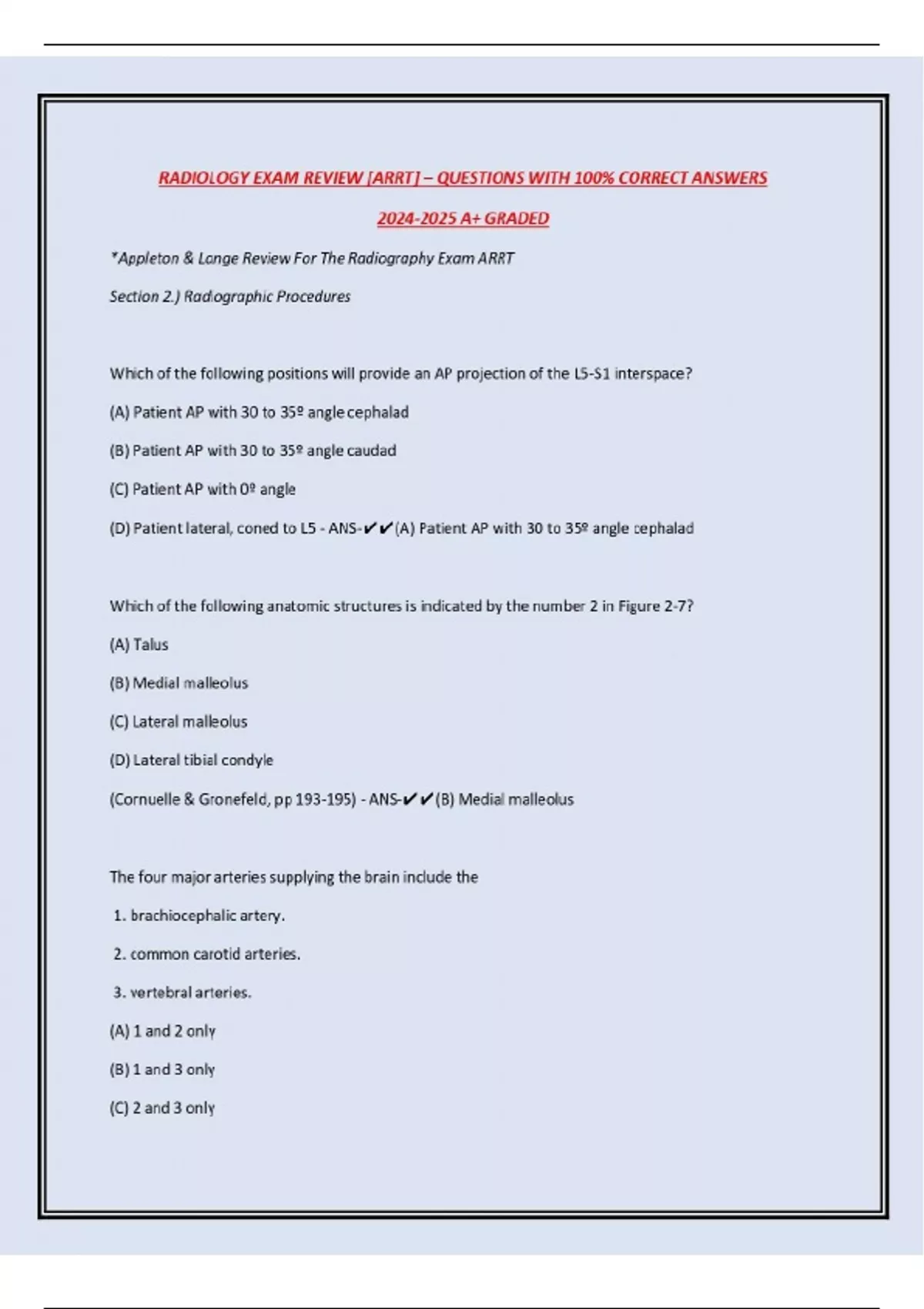 RADIOLOGY EXAM REVIEW [ARRT] – QUESTIONS WITH 100% CORRECT ANSWERS A+ ...
