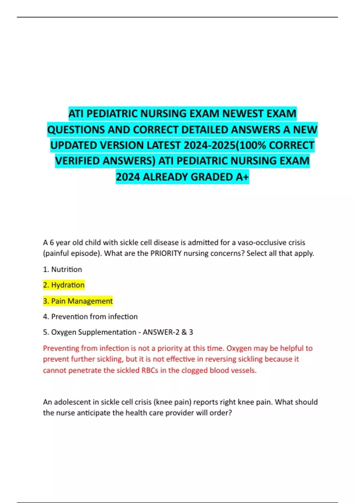 ATI PEDIATRIC NURSING EXAM NEWEST EXAM QUESTIONS AND CORRECT DETAILED ANSWERS A NEW UPDATED ...