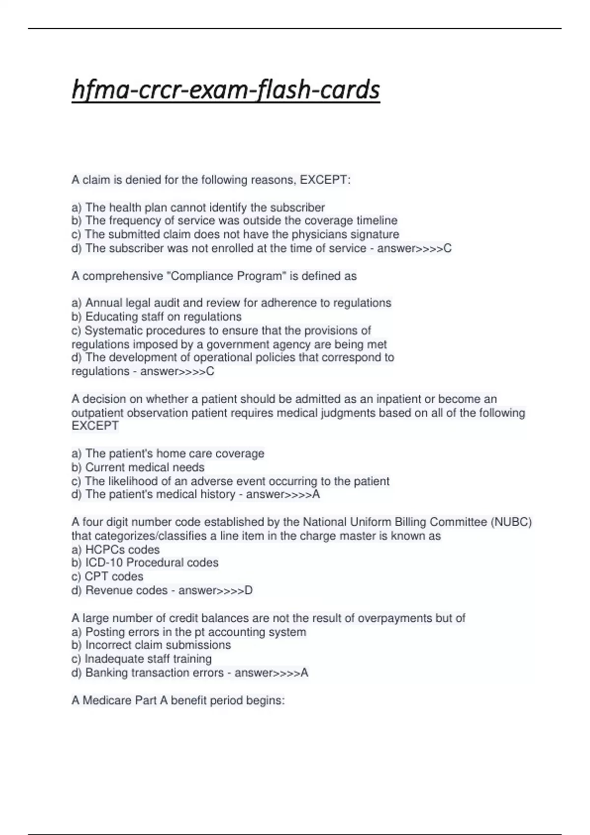 hfma-crcr-exam-flash-cards - Hfma-crcr-flash-cards - Stuvia US