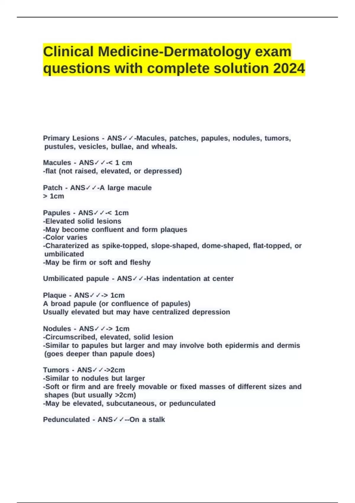 Clinical Medicine-Dermatology exam questions with complete solution ...