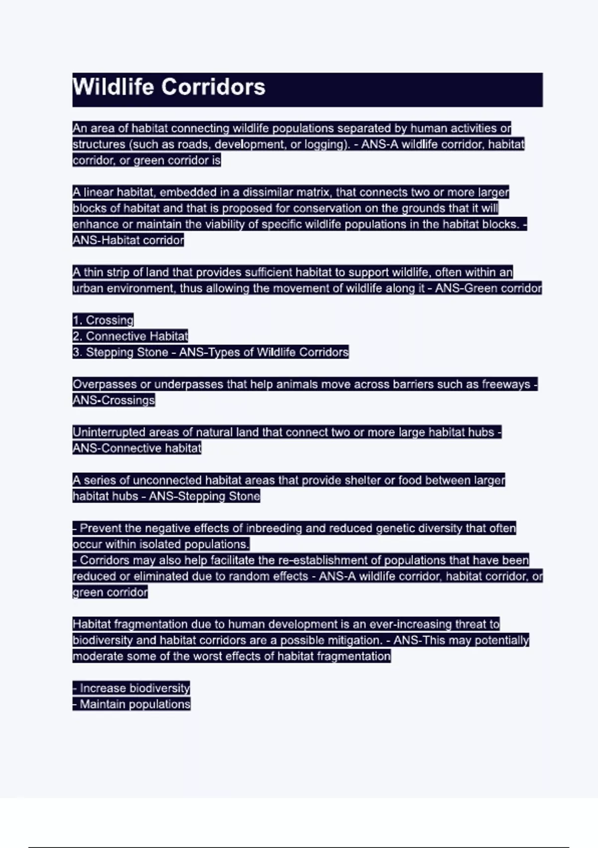 Wildlife Corridors exam questions with correct answers with complete a ...