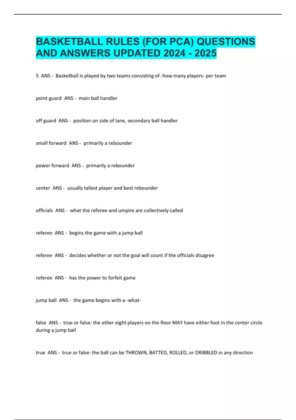 BASKETBALL RULES (FOR PCA) QUESTIONS AND ANSWERS UPDATED - NFHS Baseball - Stuvia US