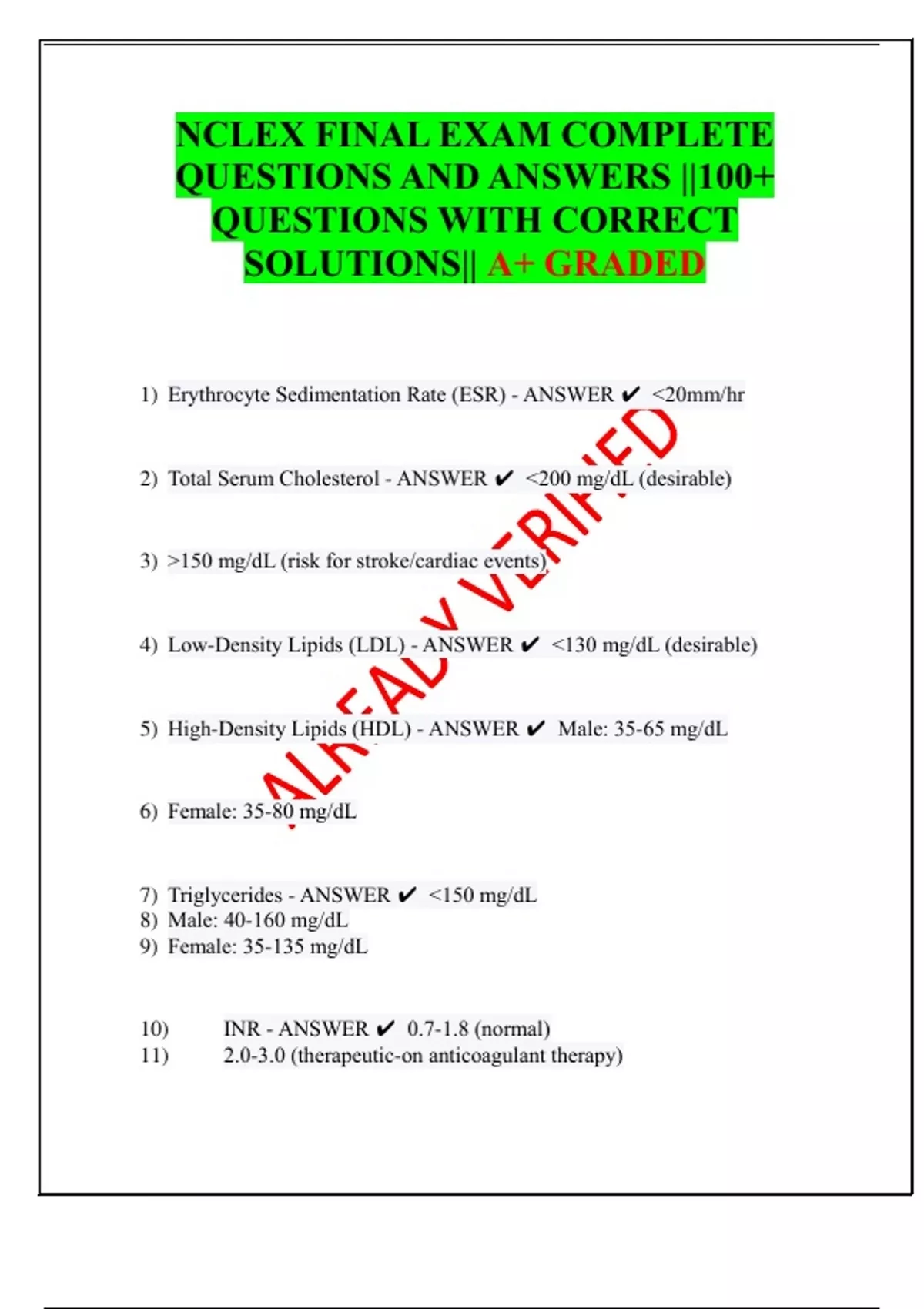 NCLEX FINAL EXAM COMPLETE QUESTIONS AND ANSWERS ||100+ QUESTIONS WITH CORRECT SOLUTIONS|| A+ ...