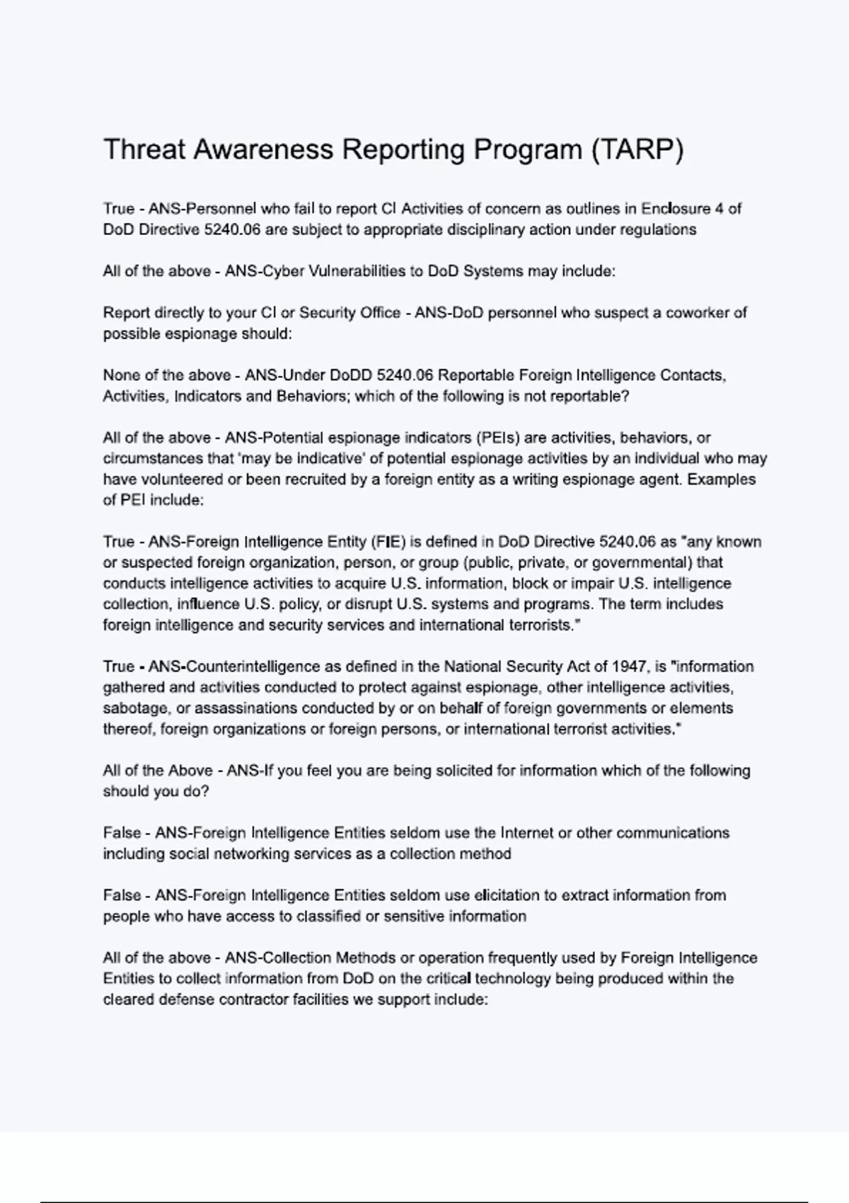 Threat Awareness Reporting Program (TARP) exam questions with correct ...