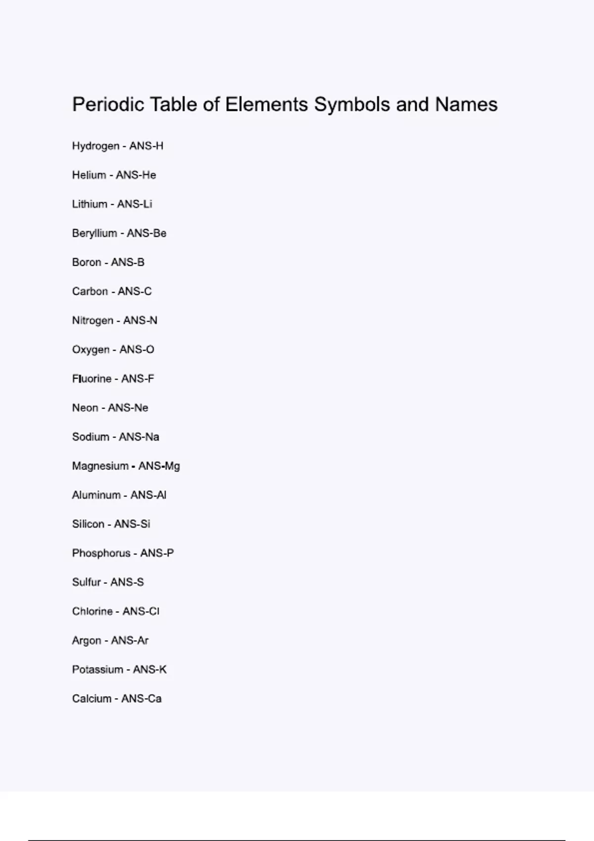 Periodic Table of Elements Symbols and Names exam questions with ...
