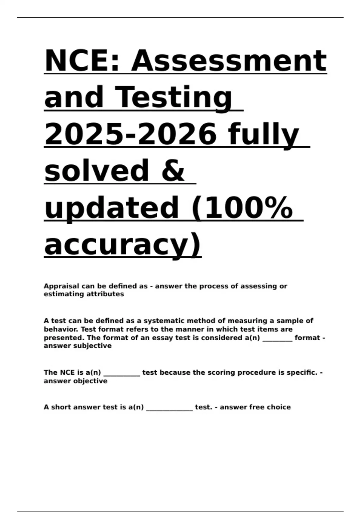 NCE Assessment and Testing fully solved & updated (100- accuracy ...