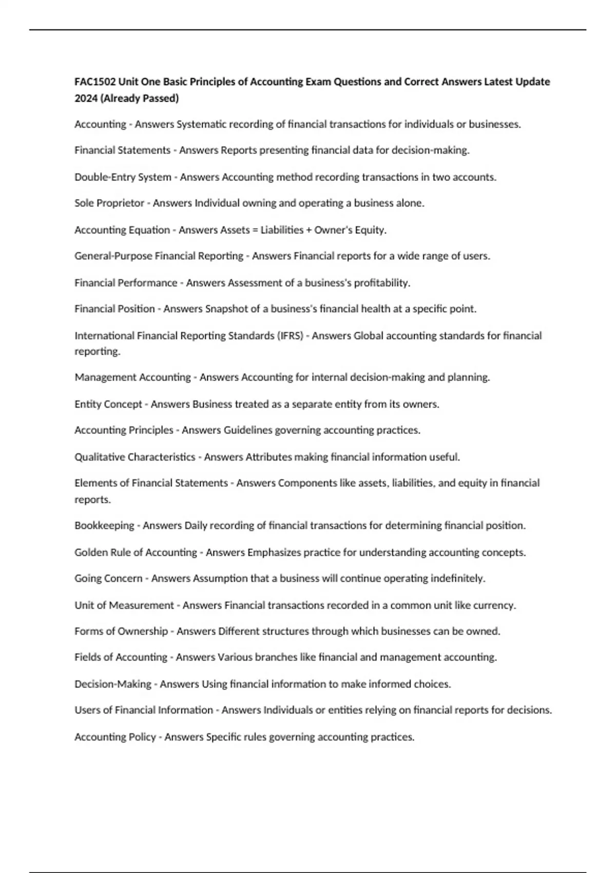 Fac1502 Unit One Basic Principles Of Accounting Exam Questions And Correct Answers Latest Update