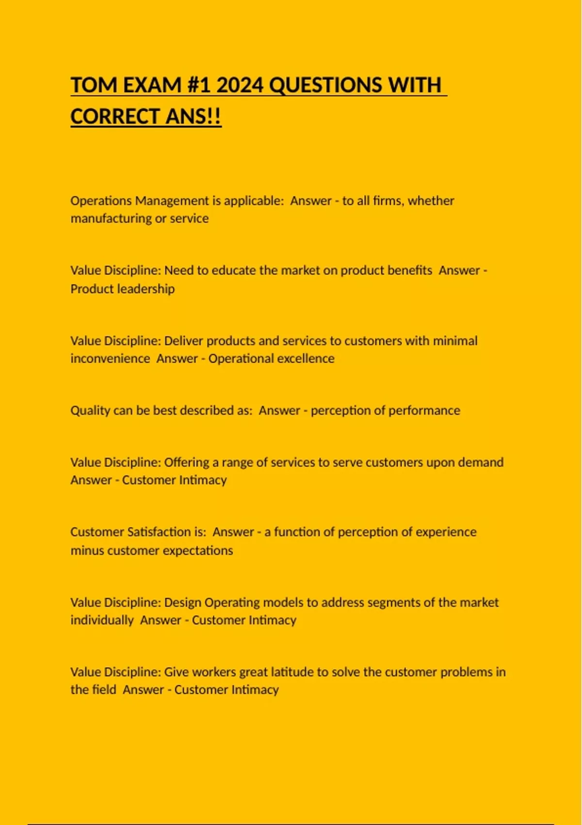 TOM EXAM #1 2024 QUESTIONS WITH CORRECT ANS!! - TOM - Stuvia US