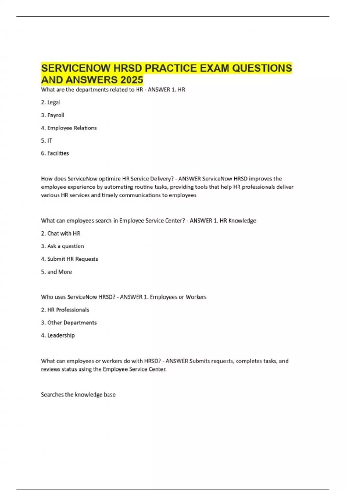 SERVICENOW HRSD PRACTICE EXAM QUESTIONS AND ANSWERS 2025 - SN ITSM CERT ...