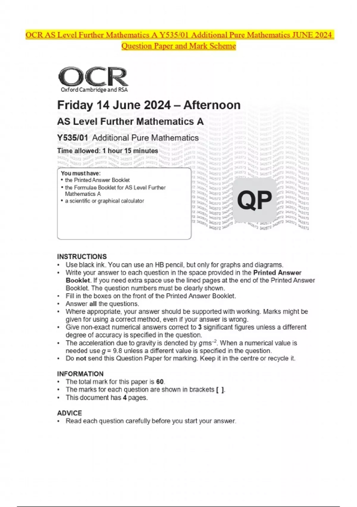 OCR AS Level Further Mathematics A Y535/01 Additional Pure Mathematics ...