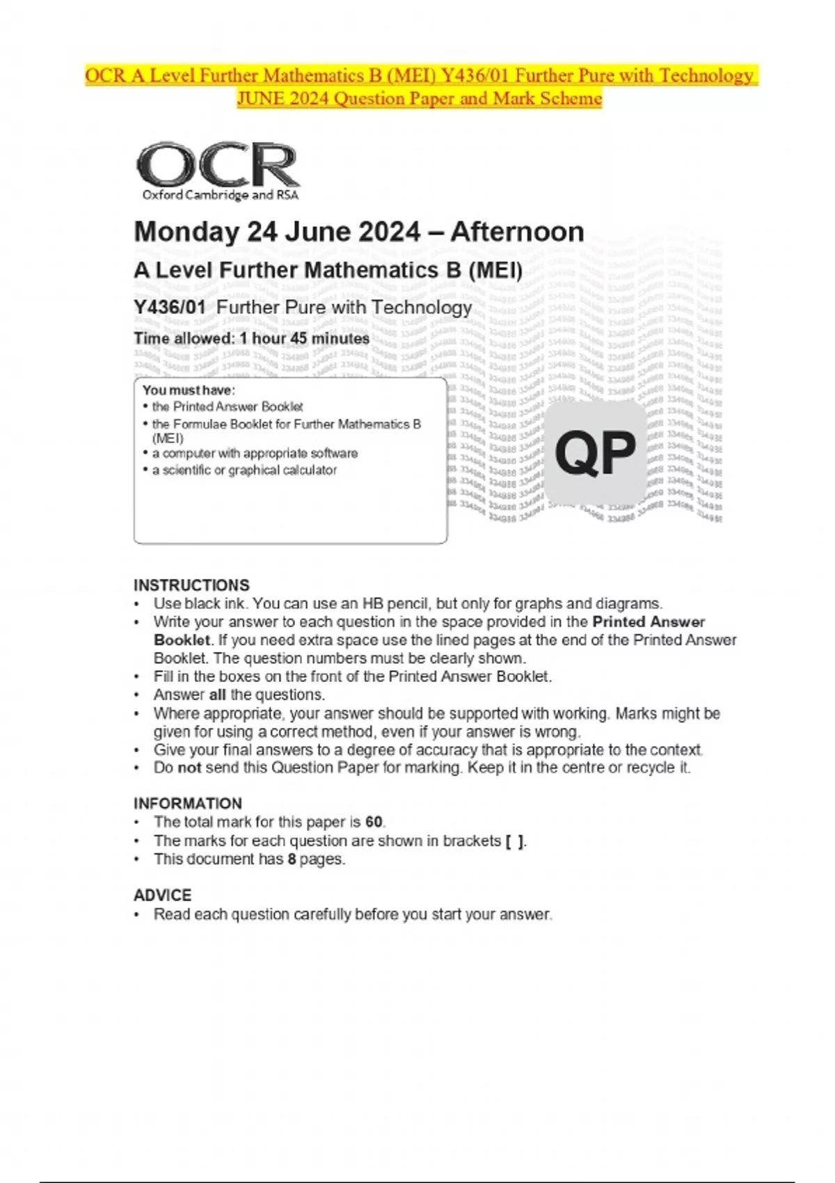OCR A Level Further Mathematics B (MEI) Y436/01 Further Pure with Technology JUNE 2024 Question ...