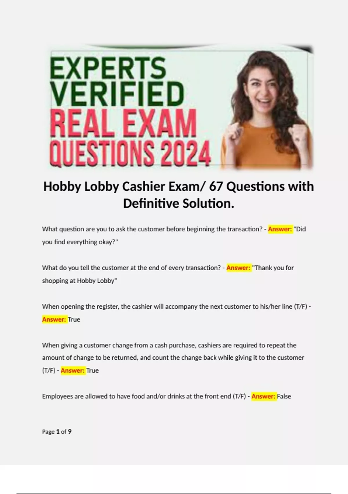 Hobby Lobby Cashier Exam/ 67 Questions with Definitive Solution ...