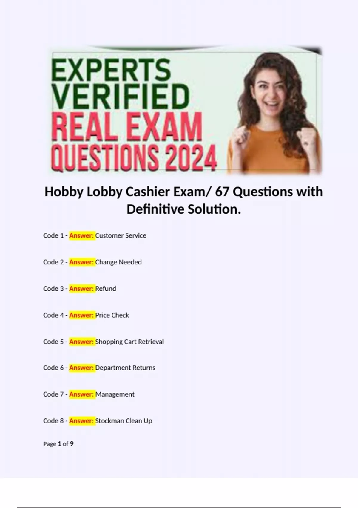 Hobby Lobby Cashier Exam/ 67 Questions with Definitive Solution. - Hobby Lobby Cashier - Stuvia US