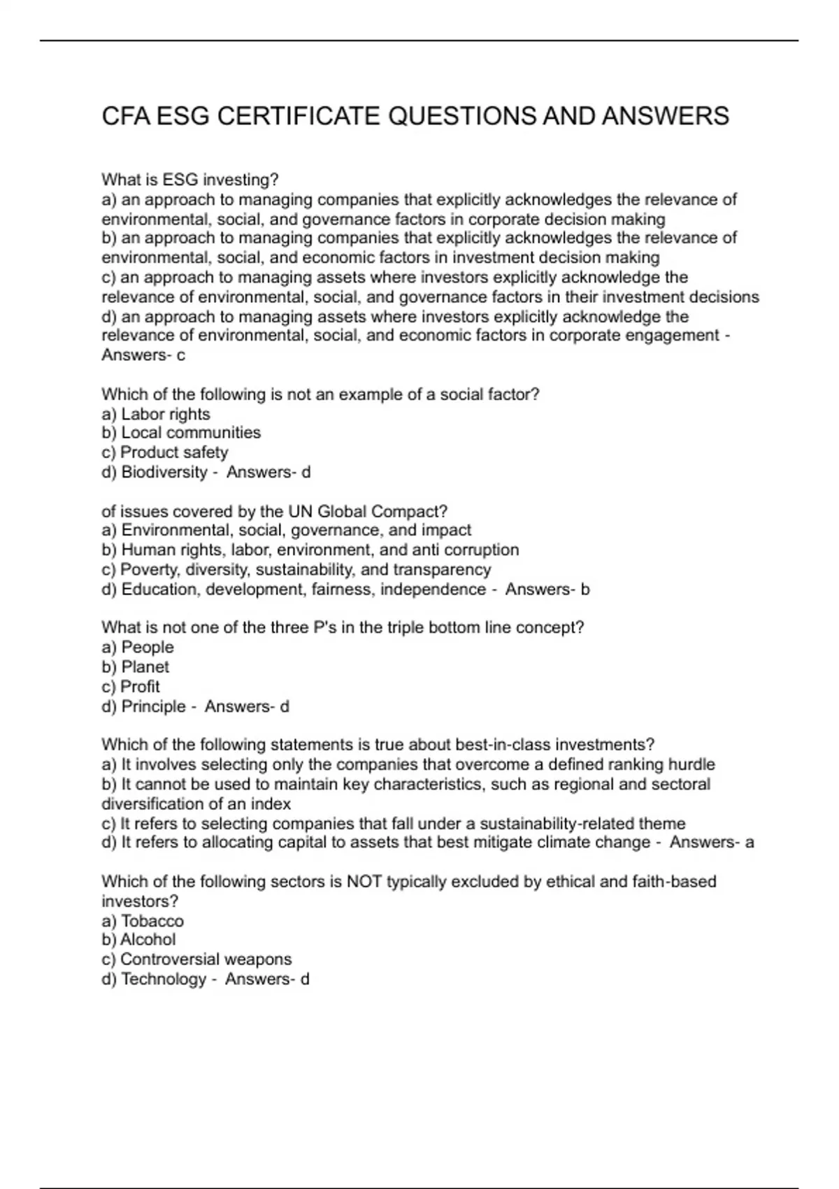 CFA ESG CERTIFICATE QUESTIONS AND ANSWERS - CFA ESG - Stuvia US