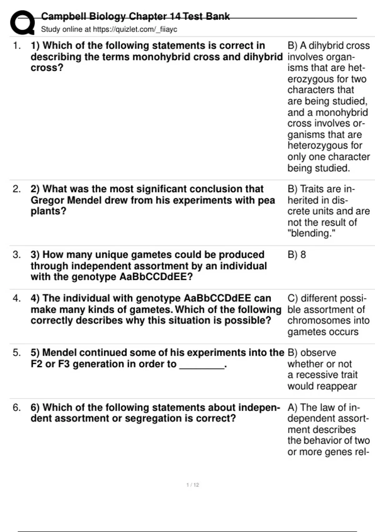 Campbell Biology Chapter 14 Test Bank 2024/2025 Exam Questions with ...