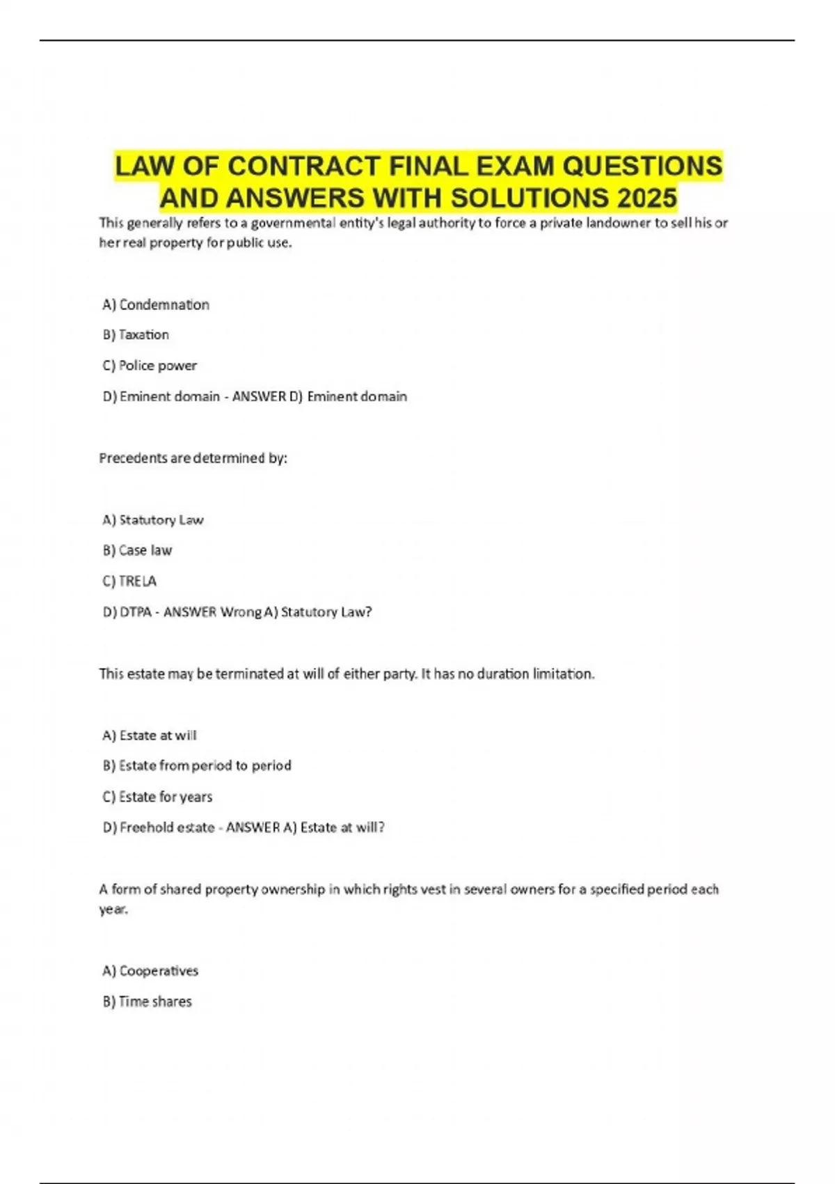 LAW OF CONTRACT FINAL EXAM QUESTIONS AND ANSWERS WITH SOLUTIONS 2025 - Law of Contracts ...