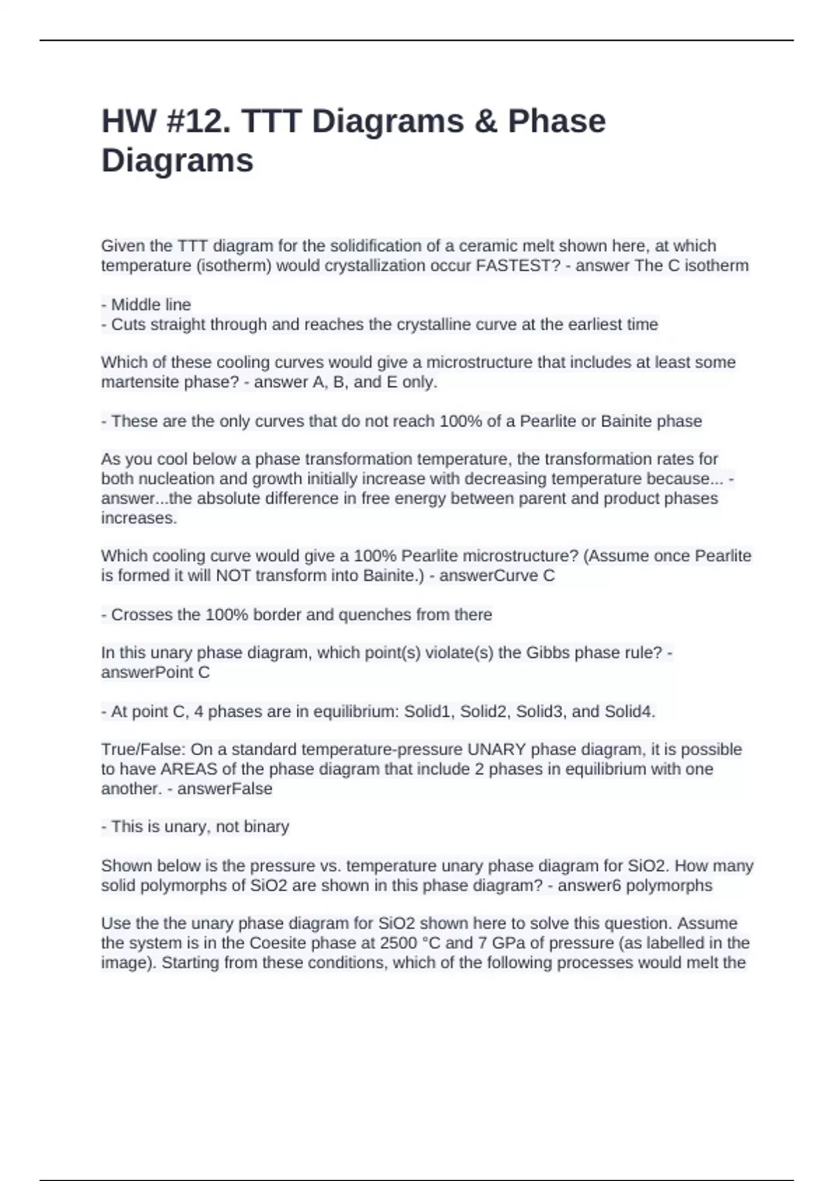 HW -12. TTT Diagrams & Phase Diagrams Questions and Answers 2024 - TTT ...