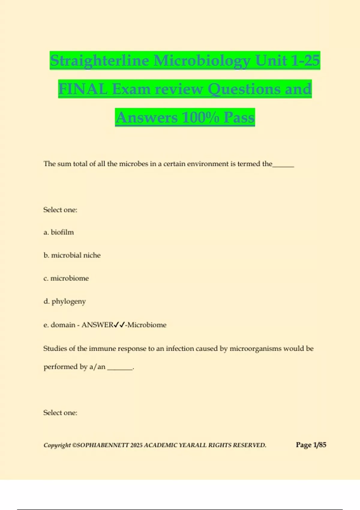 Straighterline Microbiology Unit 1-25 FINAL Exam review Questions and ...