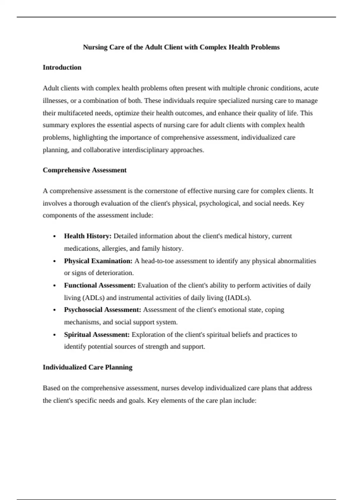 Summary Nursing Care of the Adult Client with Complex Health Problems ...