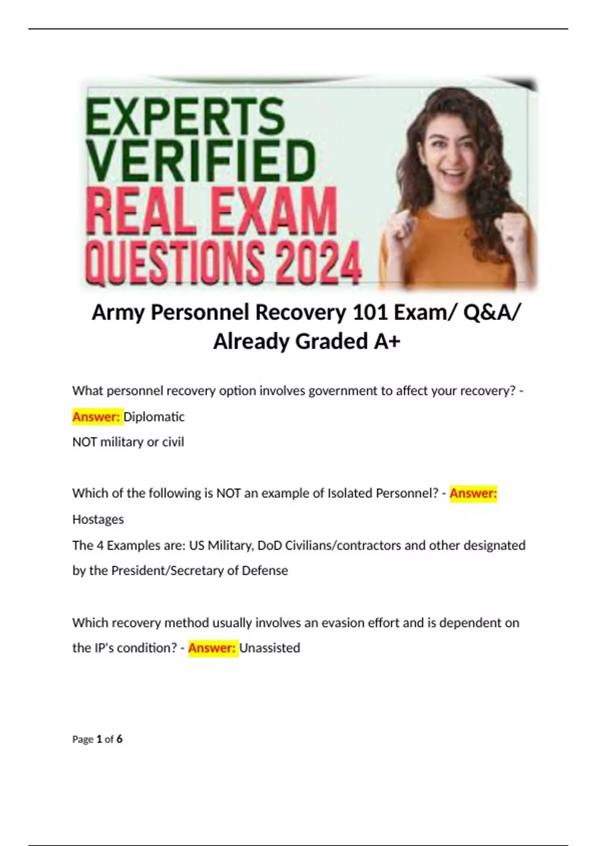 Army Personnel Recovery 101 Exam/ Q&A/ Already Graded A+ - Army ...