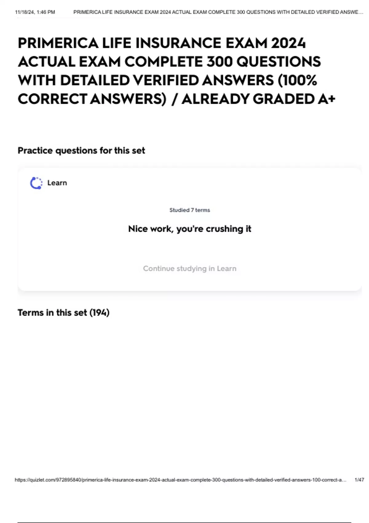 PRIMERICA LIFE INSURANCE EXAM 2024 ACTUAL EXAM COMPLETE 300 QUESTIONS ...