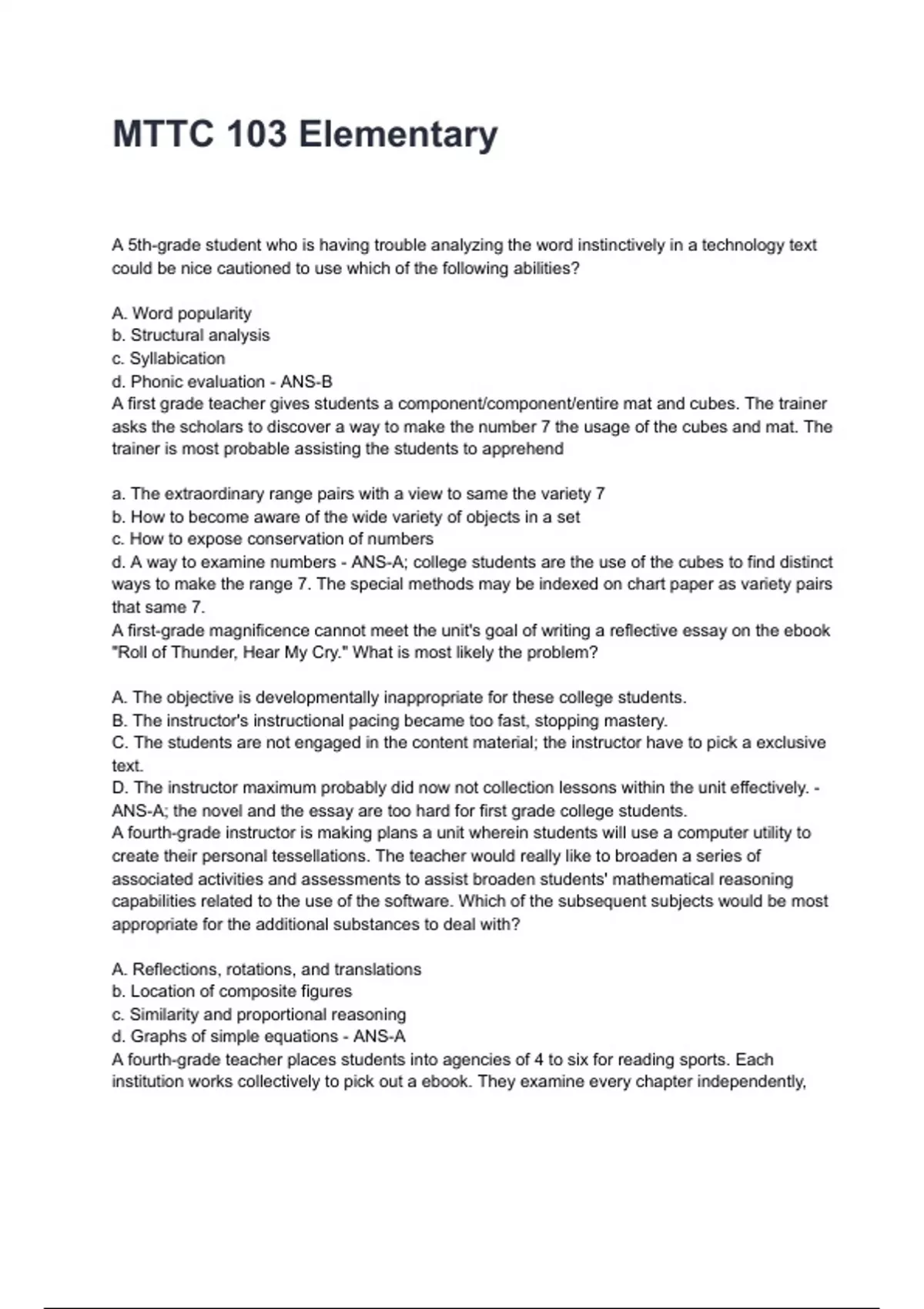 MTTC ELEMENTARY ALL EXAMS QUESTIONS AND CORRECT DETAILED ANSWERS WITH ...