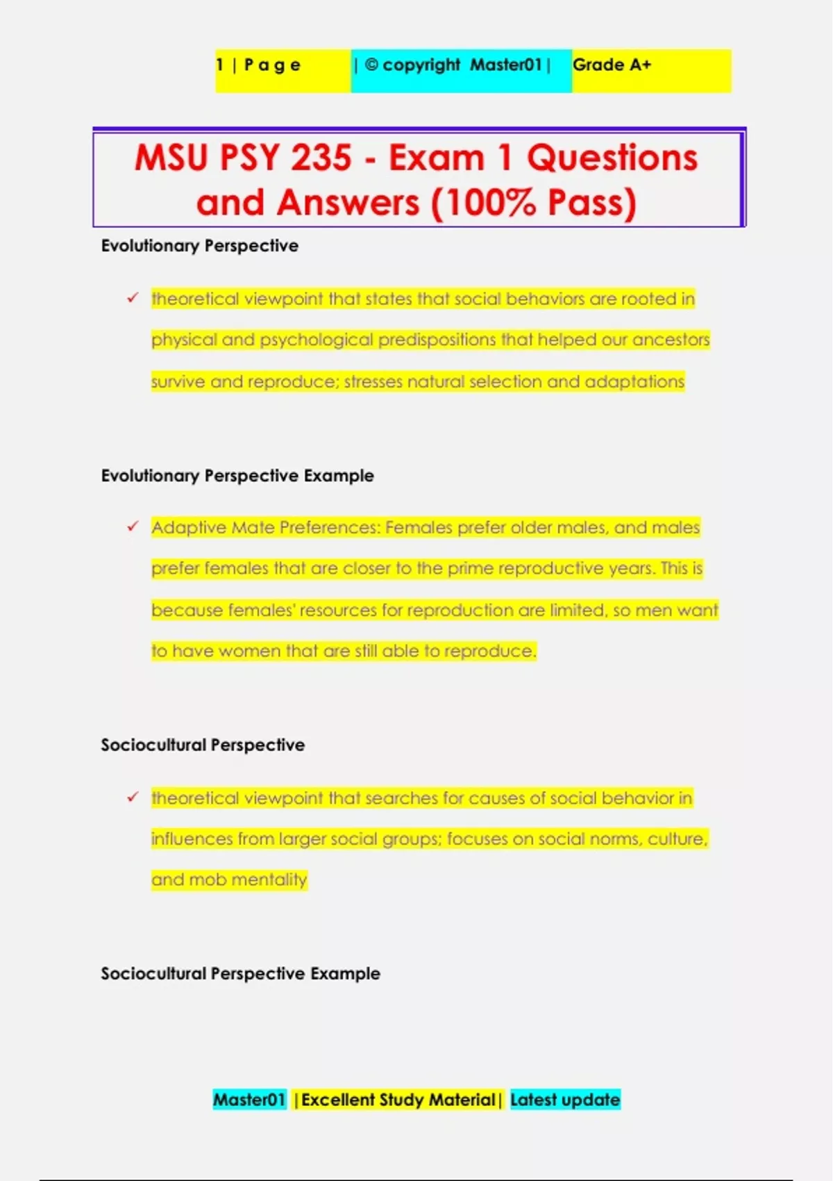 MSU PSY 235 - Exam 1 Questions and Answers (100% Pass) - MSU PSY 235 - Stuvia US