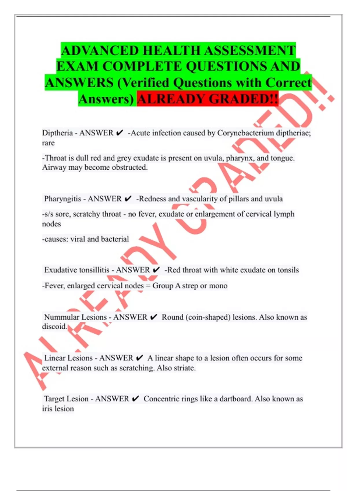 ADVANCED HEALTH ASSESSMENT EXAM COMPLETE QUESTIONS AND ANSWERS ...