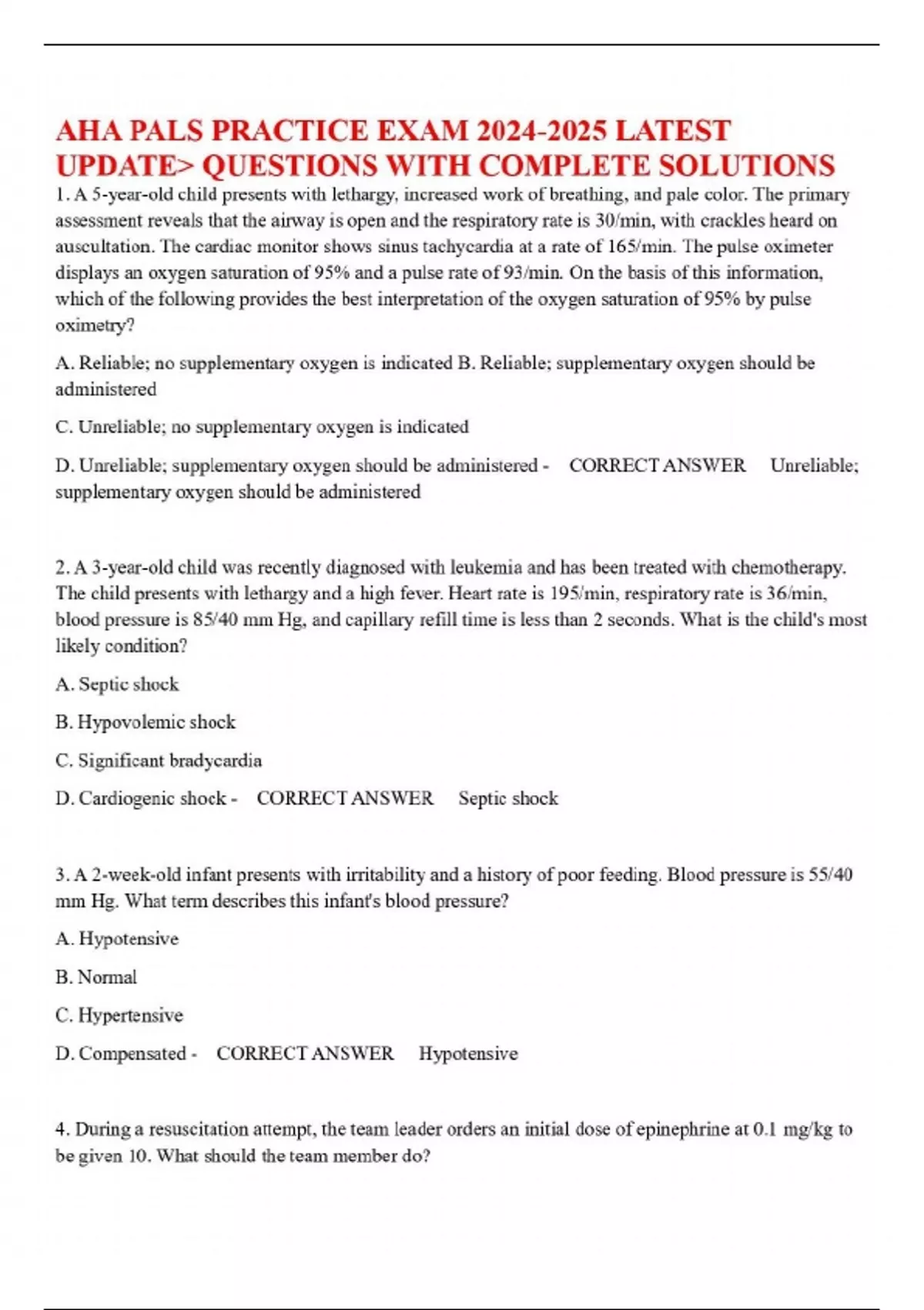 AHA PALS PRACTICE EXAM LATEST UPDATE QUESTIONS WITH COMPLETE SOLUTIONS ...
