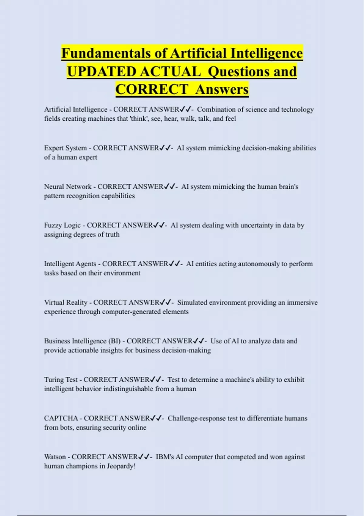 Fundamentals of Artificial Intelligence UPDATED ACTUAL Questions and CORRECT Answers ...