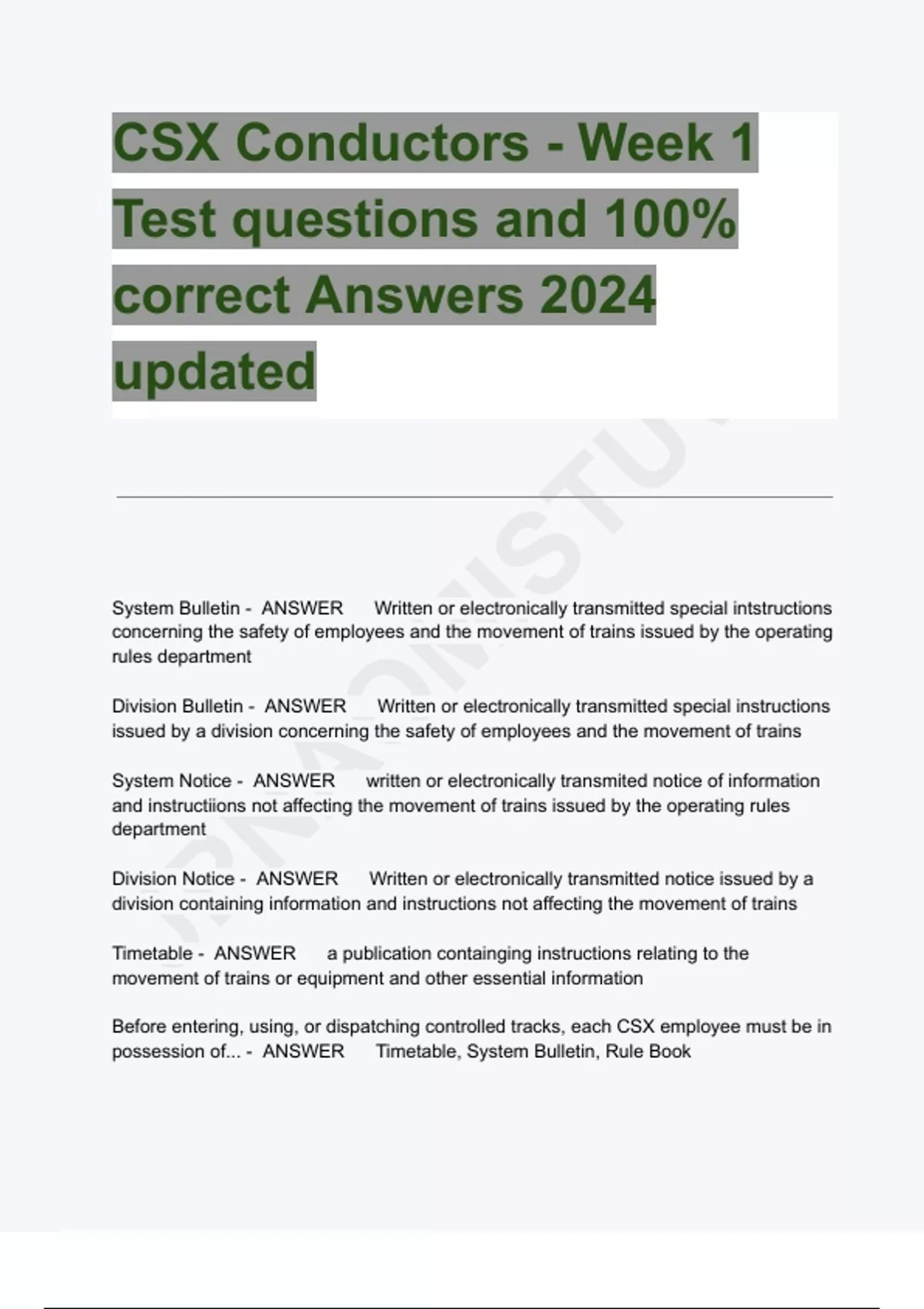 CSX Conductors - Week 1 Test questions and 100% correct Answers 2024 ...