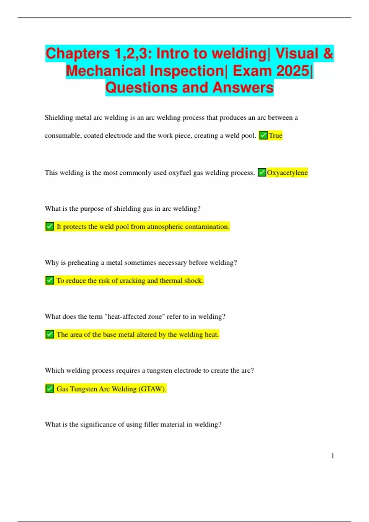 Chapters 1,2,3: Intro to welding| Visual & Mechanical Inspection| Exam 2025| Questions and ...