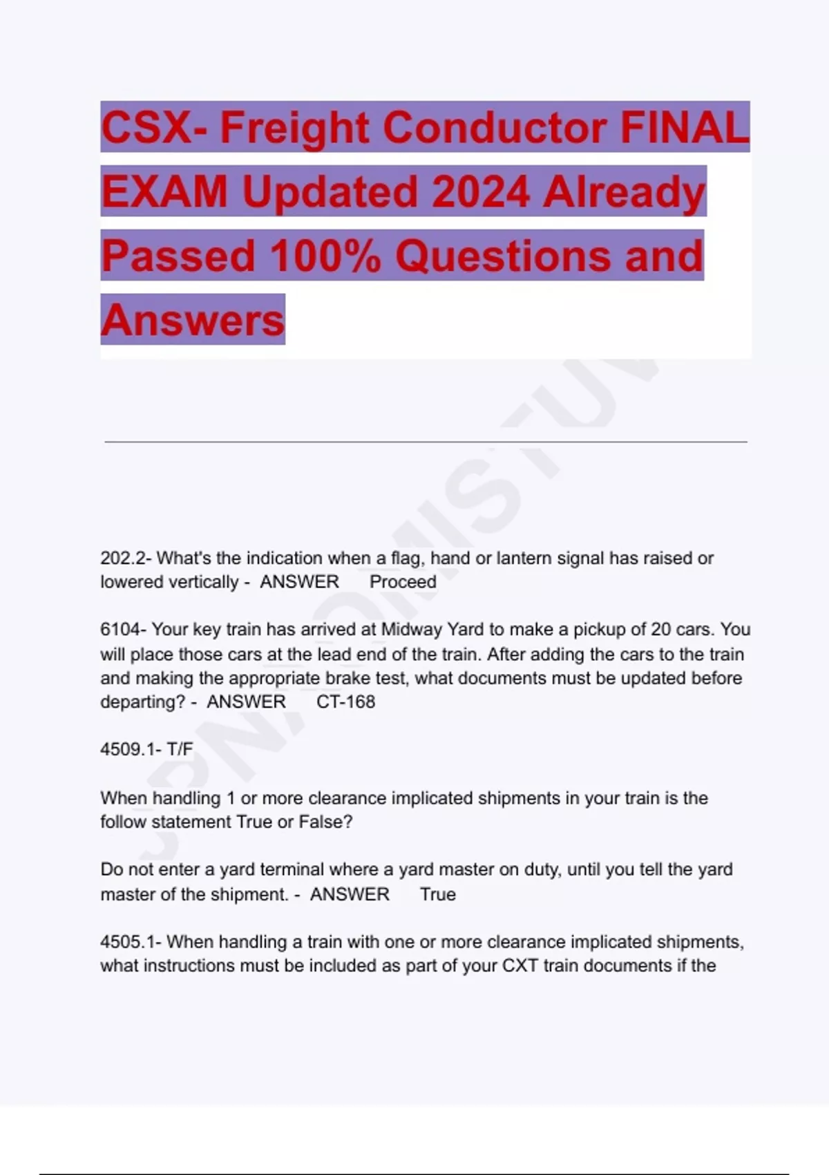 CSX- Freight Conductor FINAL EXAM Updated 2024 Already Passed 100% ...