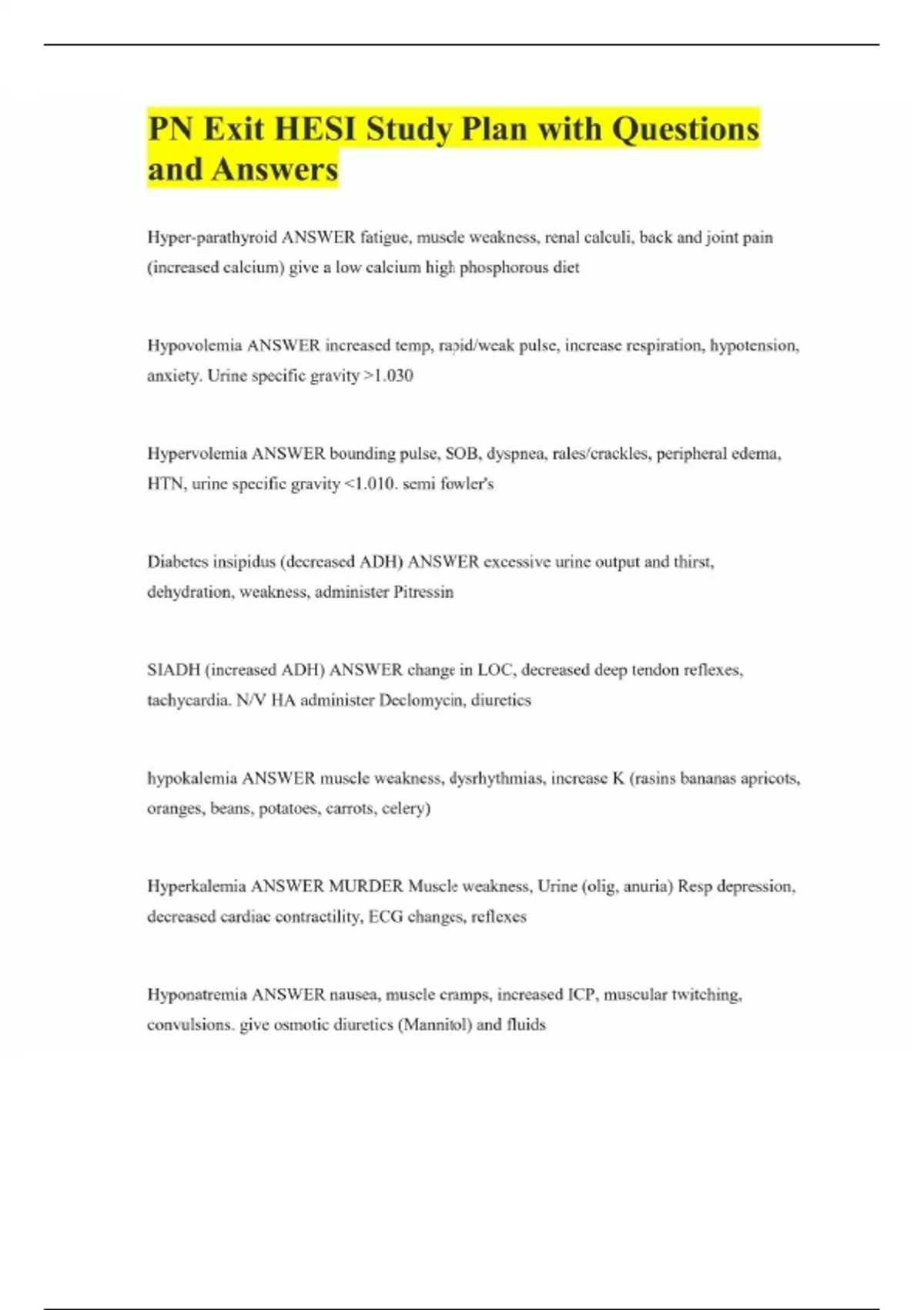PN Exit HESI Study Plan with Questions and Answers - Hesi - Stuvia US
