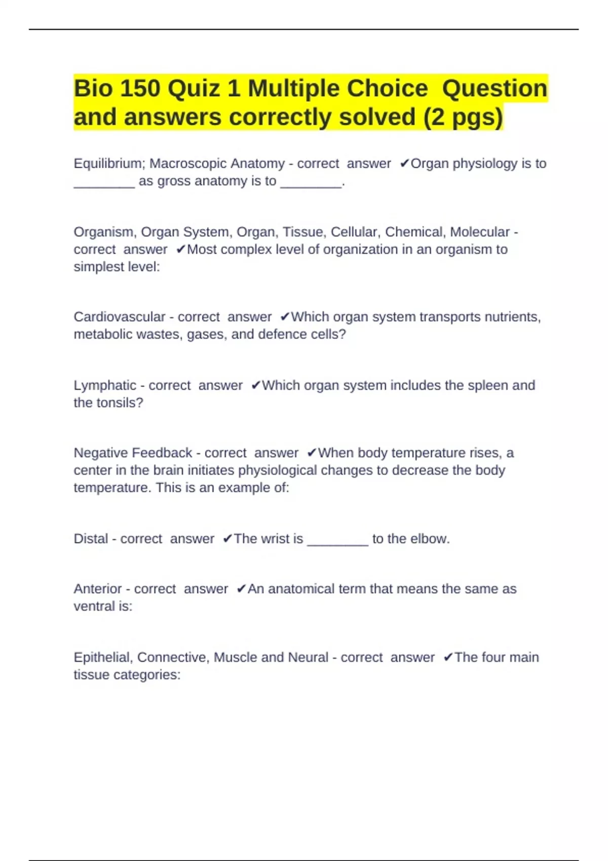 Bio 150 Quiz 1 Multiple Choice Question and answers correctly solved 2024 - BIOL 150 - Stuvia US