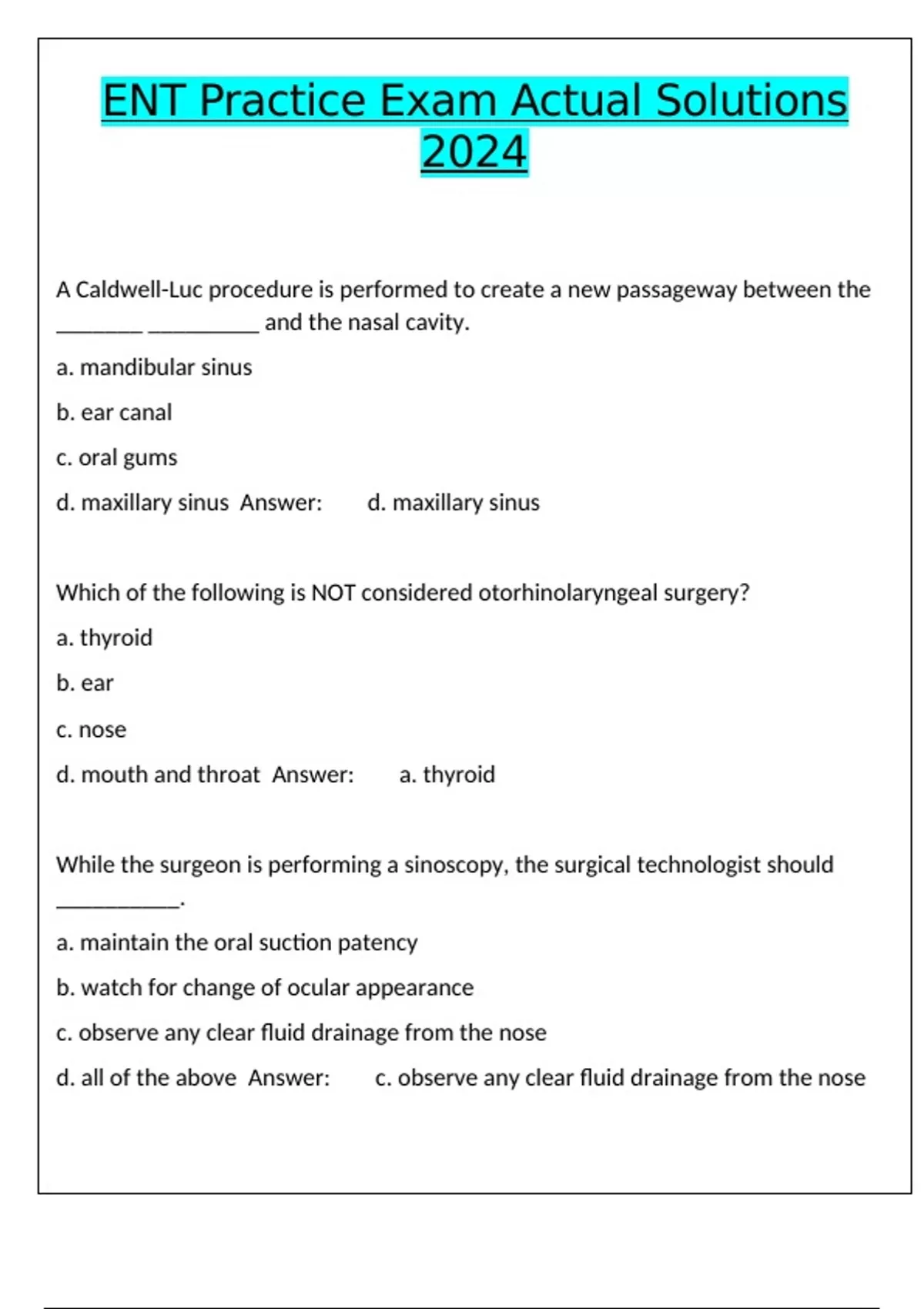 ENT Practice Exam Actual Solutions 2024 - Ent - Stuvia US