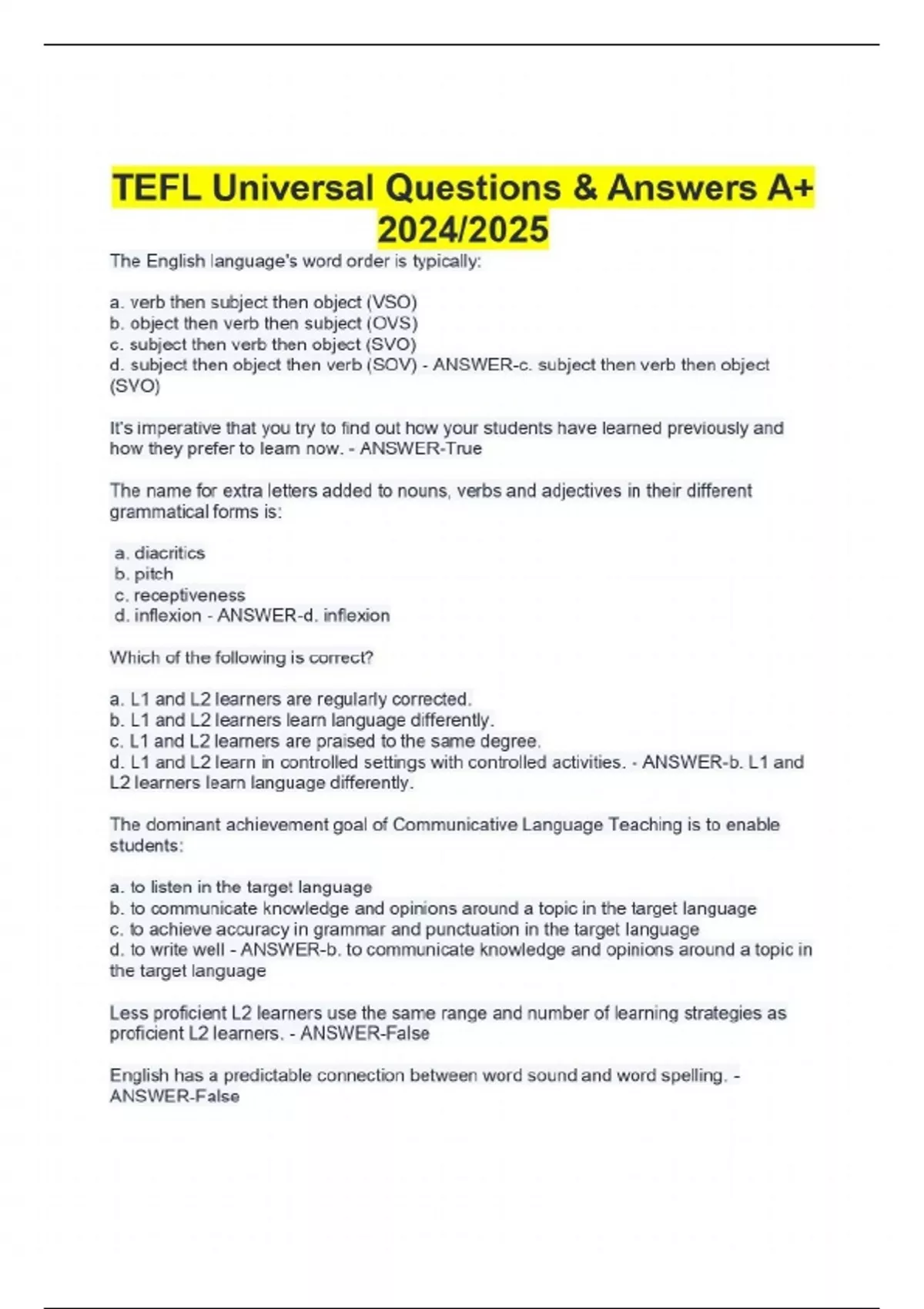 TEFL Universal Questions & Answers A+ 2024/2025 - TEFL - Stuvia US