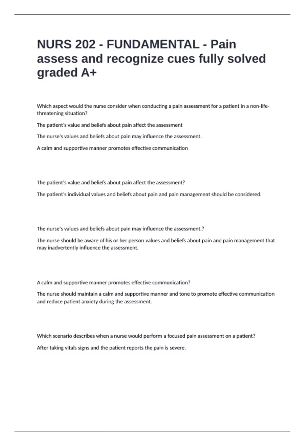 NURS 202 - FUNDAMENTAL - Pain assess and recognize cues fully solved ...