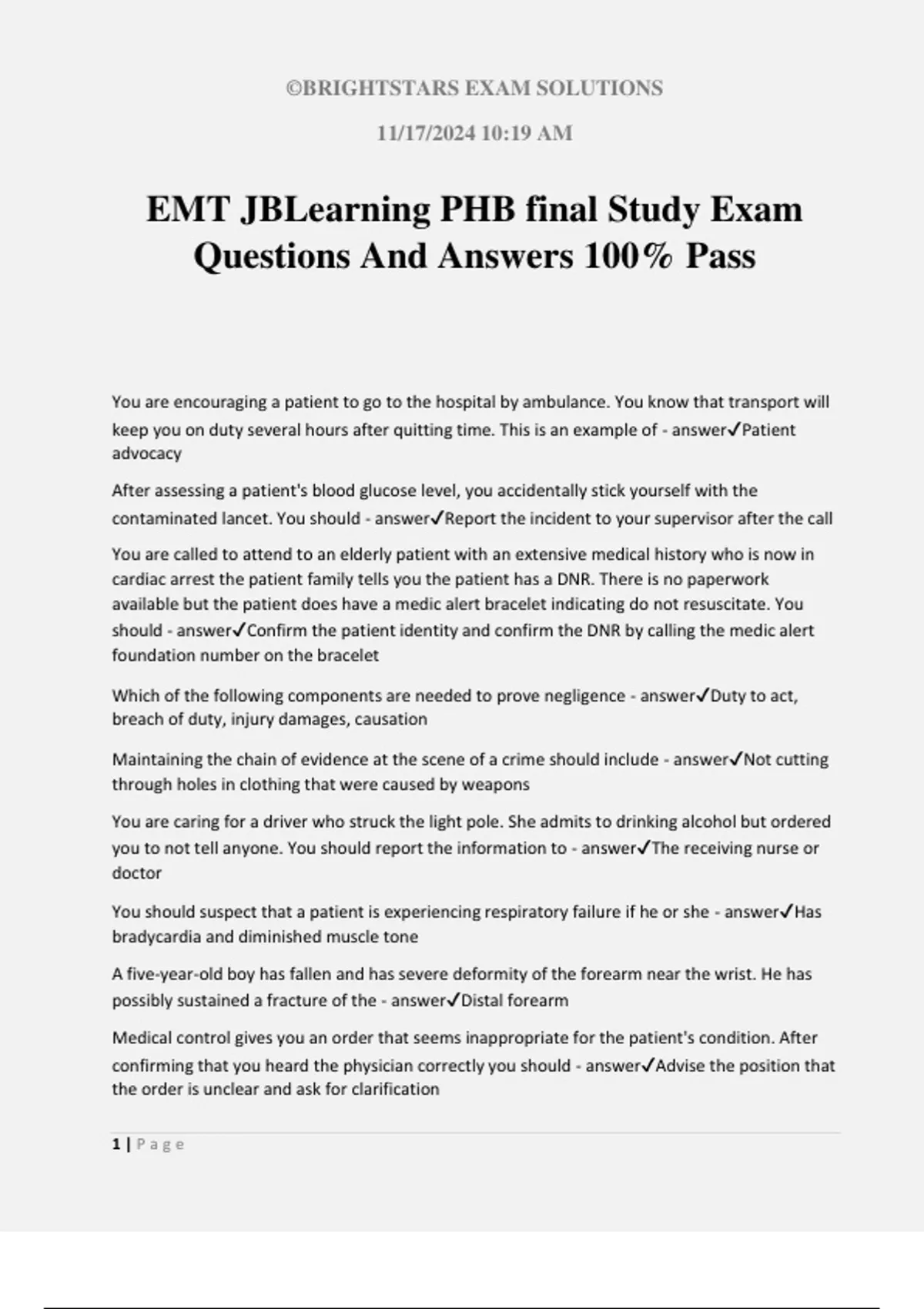 EMT JBLearning PHB final Study Exam Questions And Answers 100% Pass ...