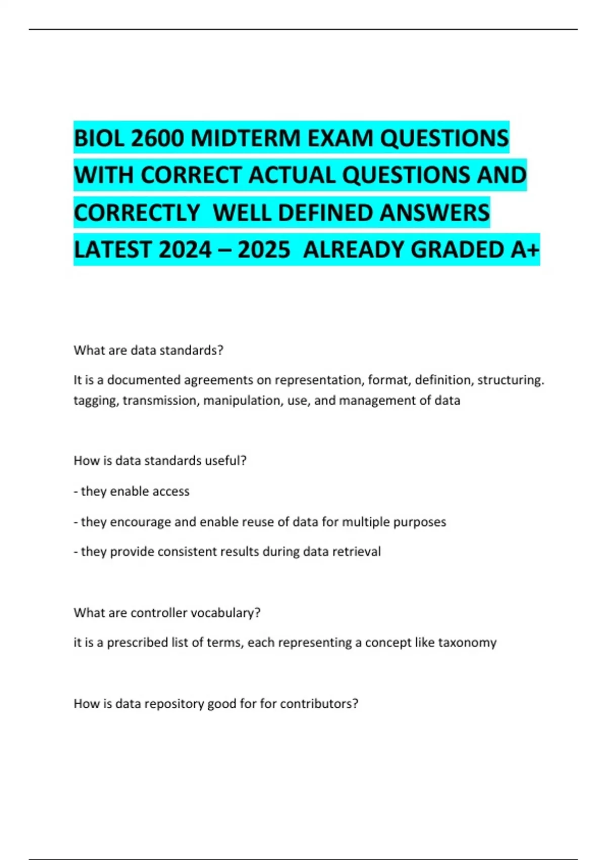 BIOL 2600 MIDTERM EXAM QUESTIONS WITH CORRECT ACTUAL QUESTIONS AND ...