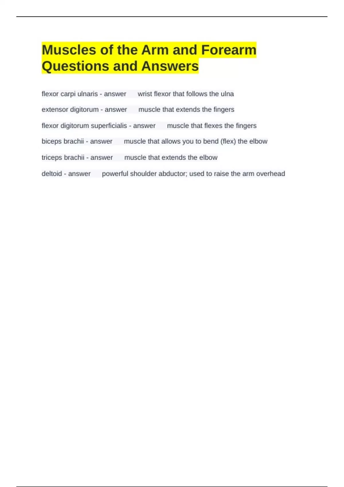 Muscles of the Arm and Forearm Questions and Answers - ARM - Stuvia US