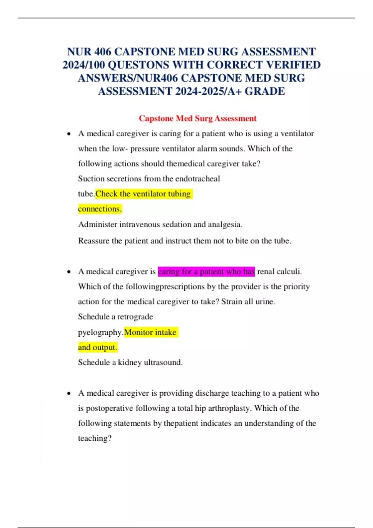 NUR 406 CAPSTONE MED SURG ASSESSMENT 2024/100 QUESTONS WITH CORRECT ...